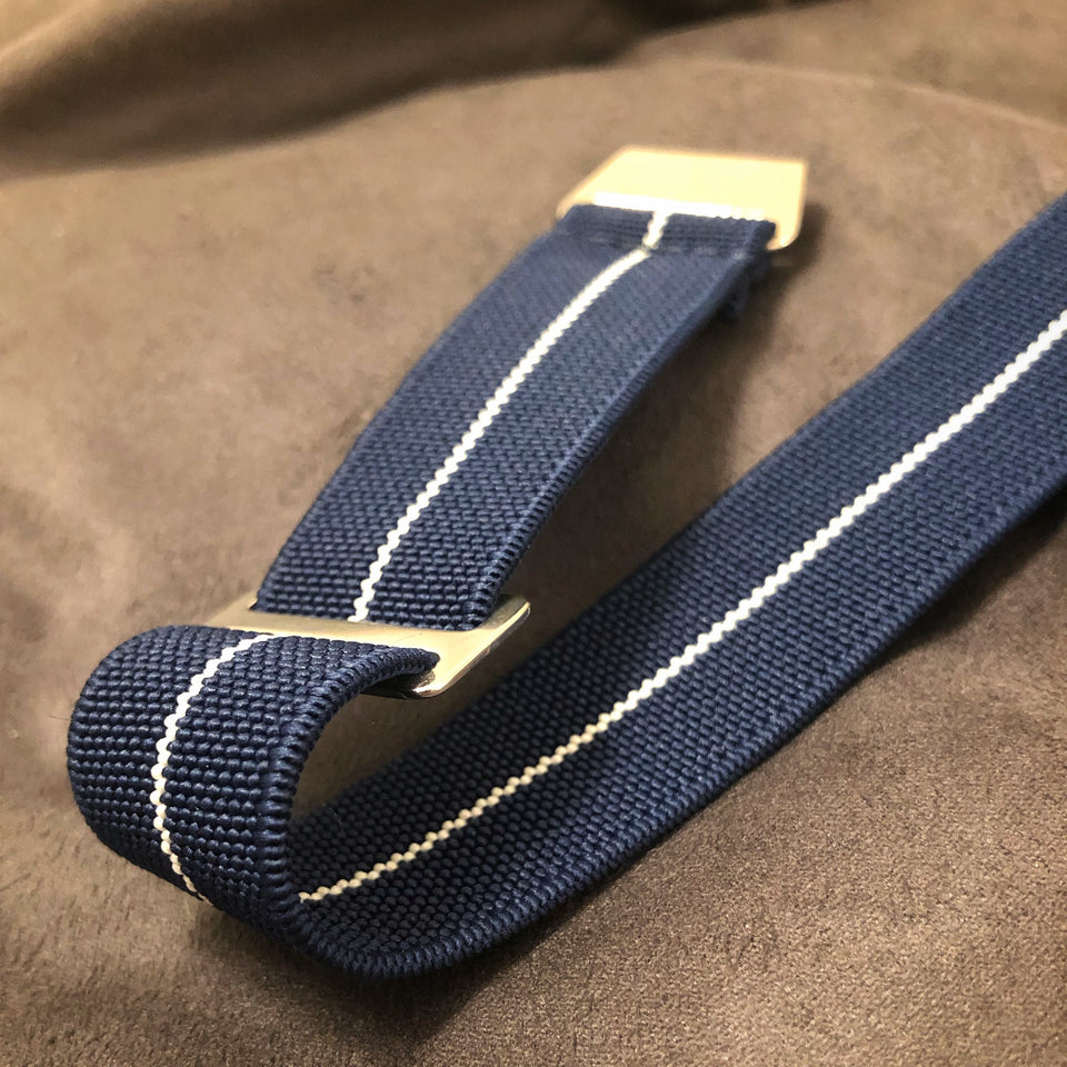 Parachute Style Elastic “No Pass” Watch Strap - Navy Blue and White St