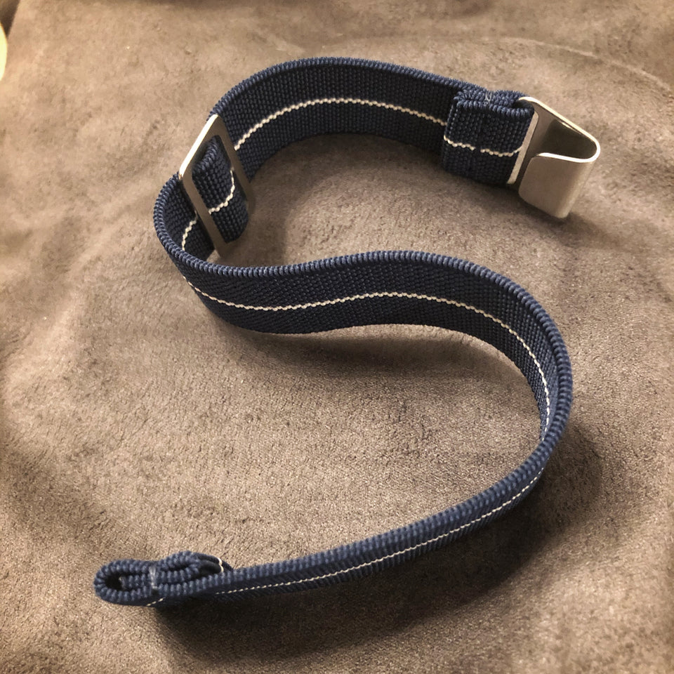 Parachute Style Elastic “No Pass” Watch Strap - Navy Blue and White St